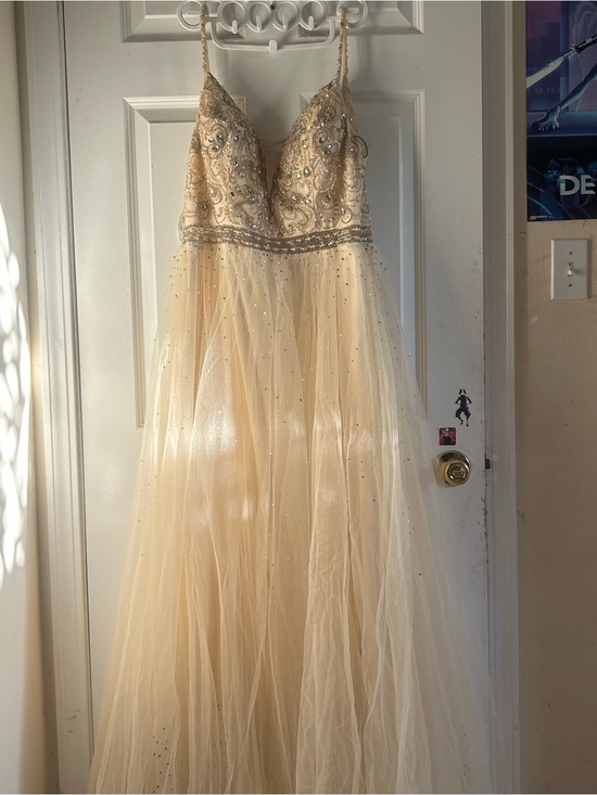 Dresses | Beaded Spaghettistrap Tulle Gown In Champagne | Poshmark